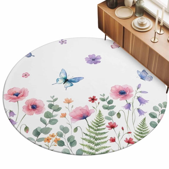 7ft Round Rug Pink Poppy Farmhouse Area Rugs for Living Room Bedroom ...