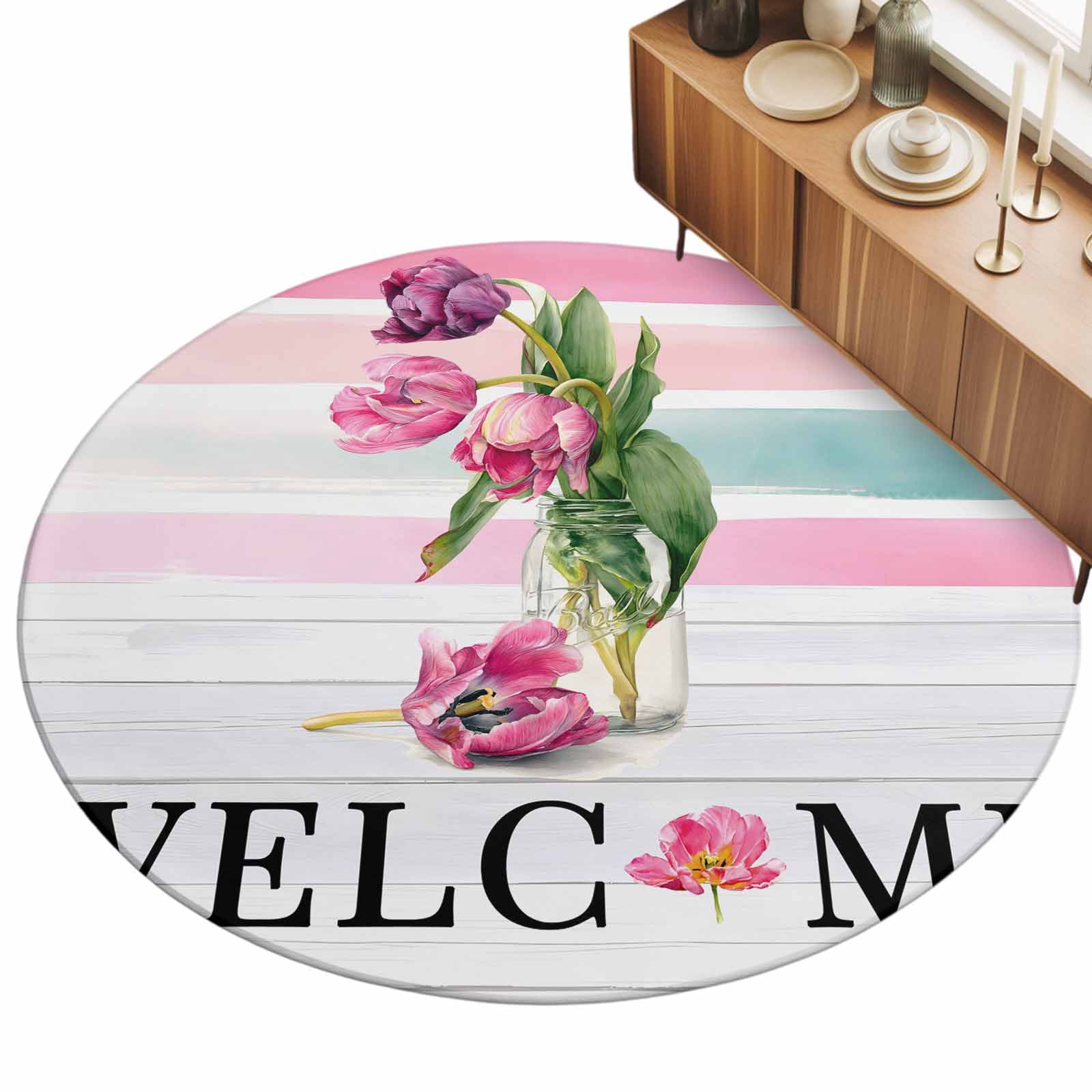 7ft Round Rug Pink Tulip Area Rugs for Living Room Bedroom Washable Non ...