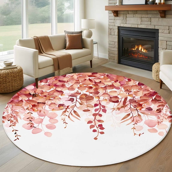 7ft Round Rug, Red Eucalyptus Leaves Non-Skid Rubber Backing Large Area ...