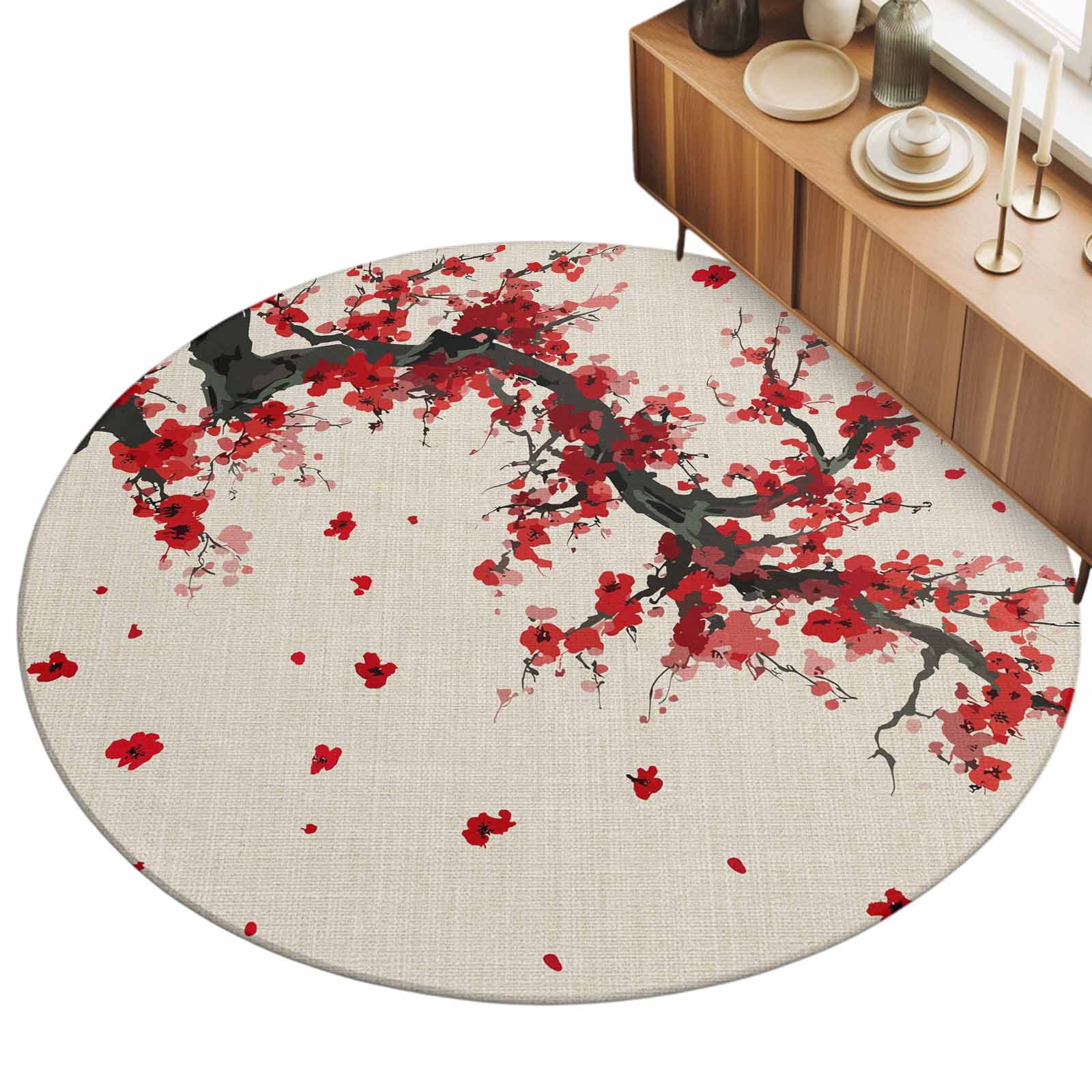 7ft Round Rug Red Flowers Area Rugs for Living Room Bedroom Washable ...