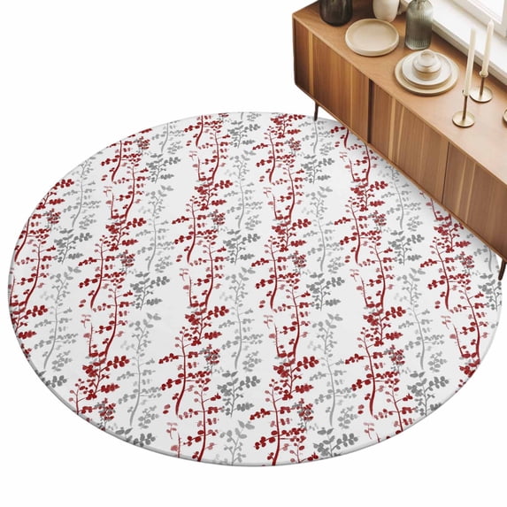 7ft Round Rug Red Grey Botanical Area Rugs for Living Room Bedroom ...