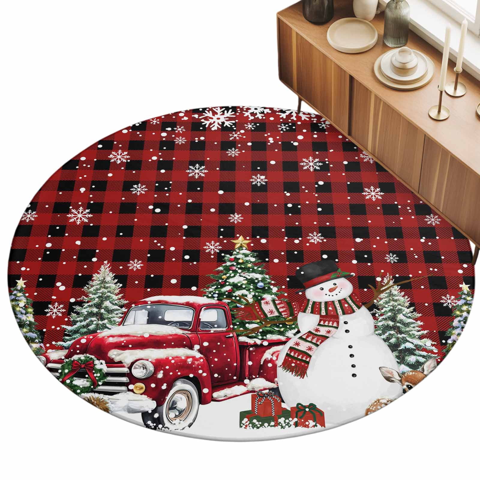 7ft Round Rug Red Plaid Christmas Snowman Area Rugs for Living Room ...