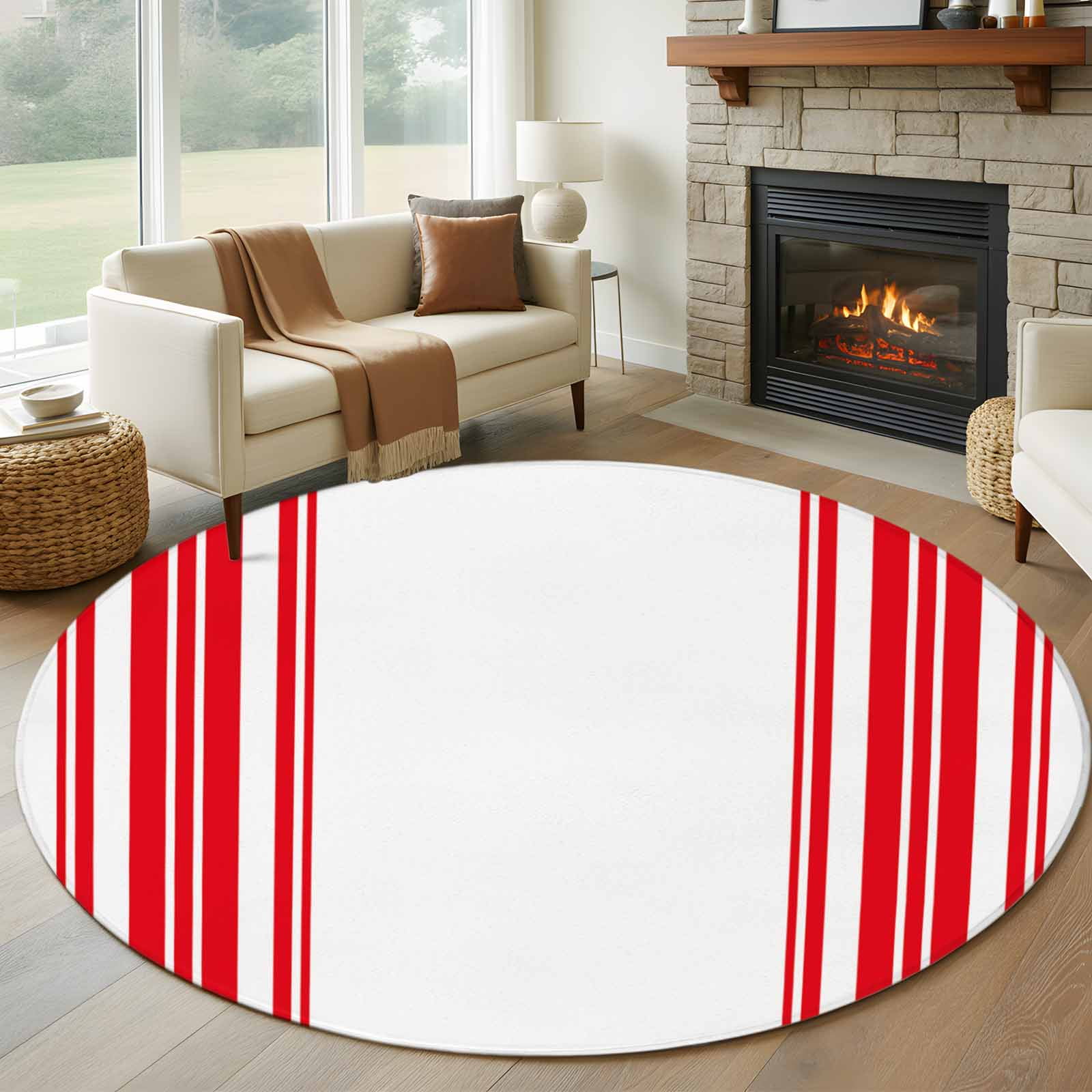 7ft Round Rug, Red Striped Non-Skid Rubber Backing Large Area Rugs ...
