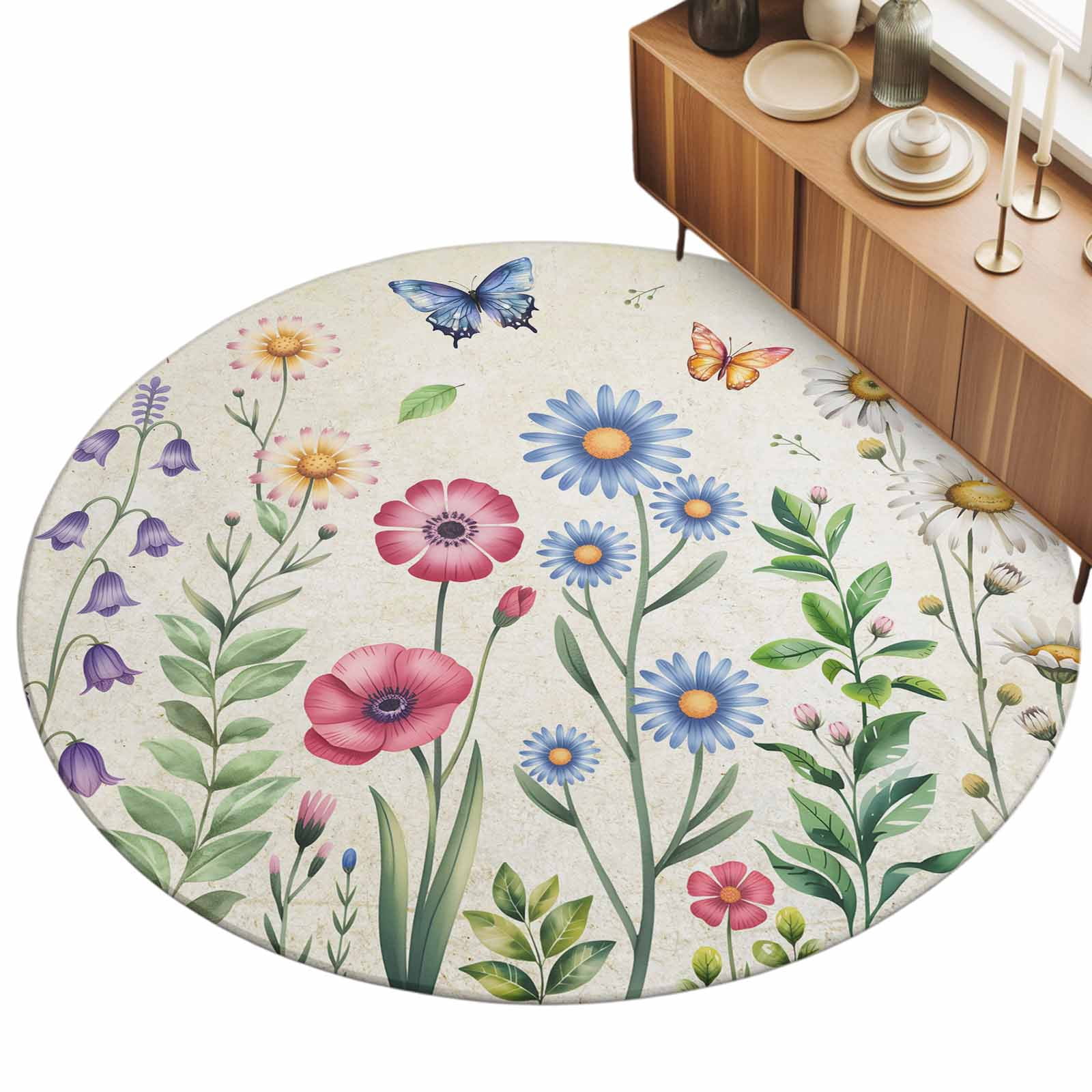 7ft Round Rug Spring Floral Area Rugs for Living Room Bedroom Washable ...