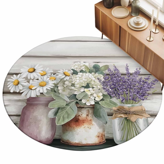 7ft Round Rug Spring Floral Area Rugs for Living Room Bedroom Washable ...
