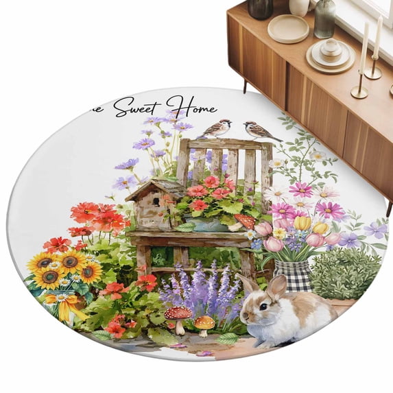7ft Round Rug Spring Floral Area Rugs for Living Room Bedroom Washable ...