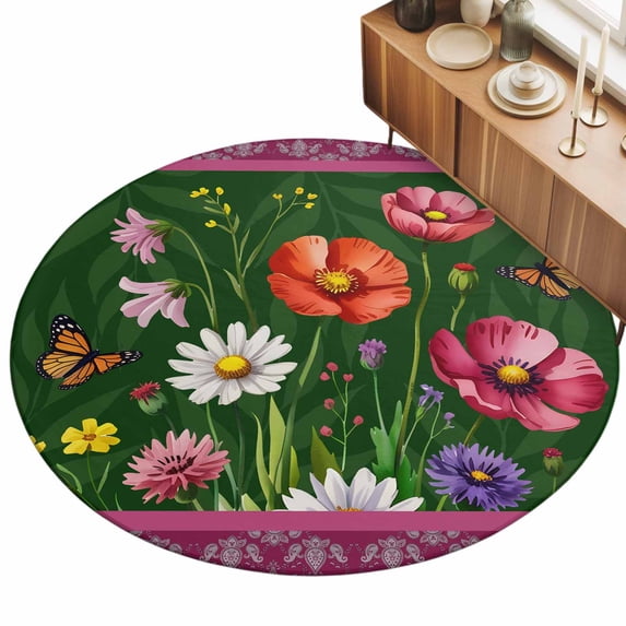 7ft Round Rug Spring Flowers Area Rugs for Living Room Bedroom Washable ...