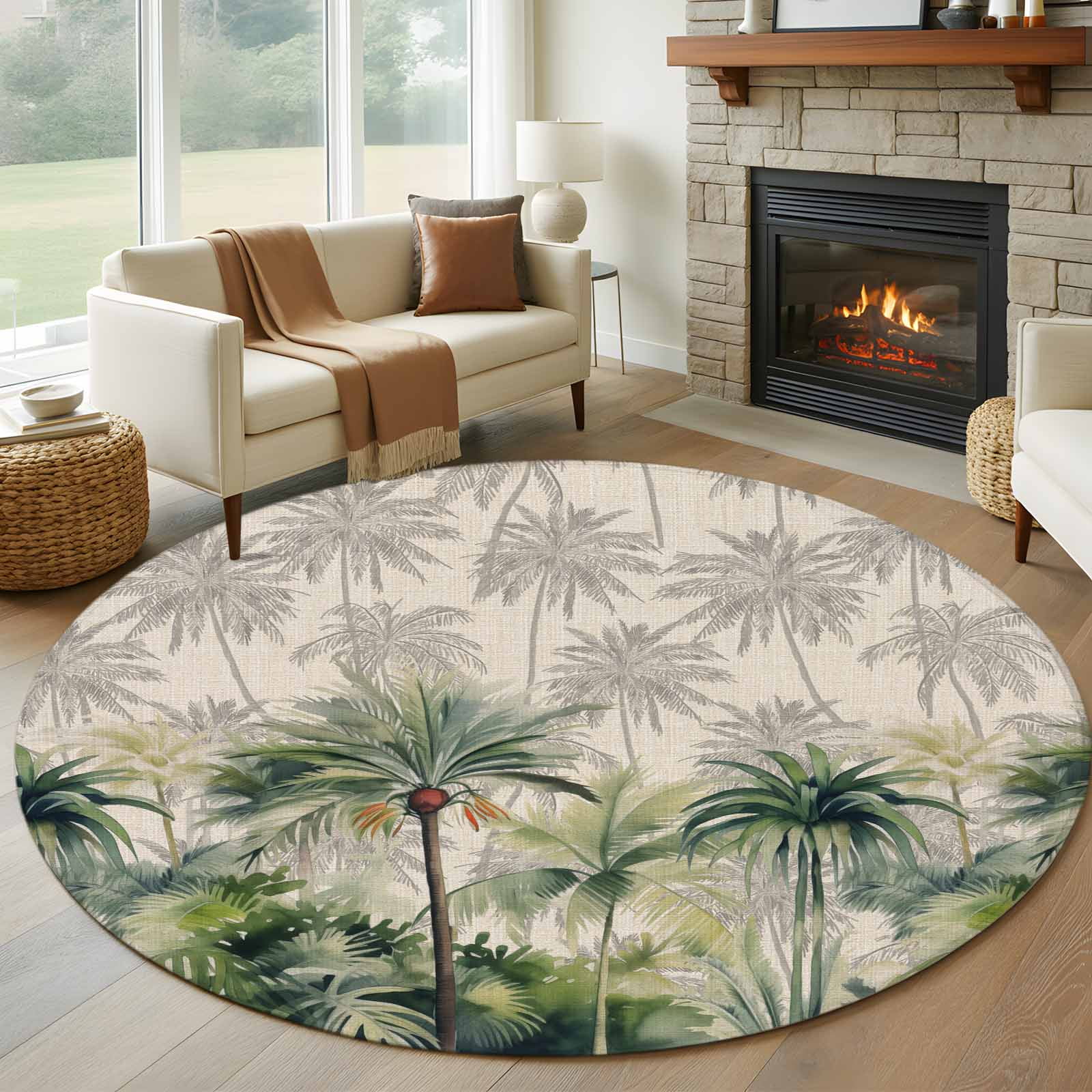 7ft Round Rug, Summer Tropical Leaves Non-Skid Rubber Backing Large ...