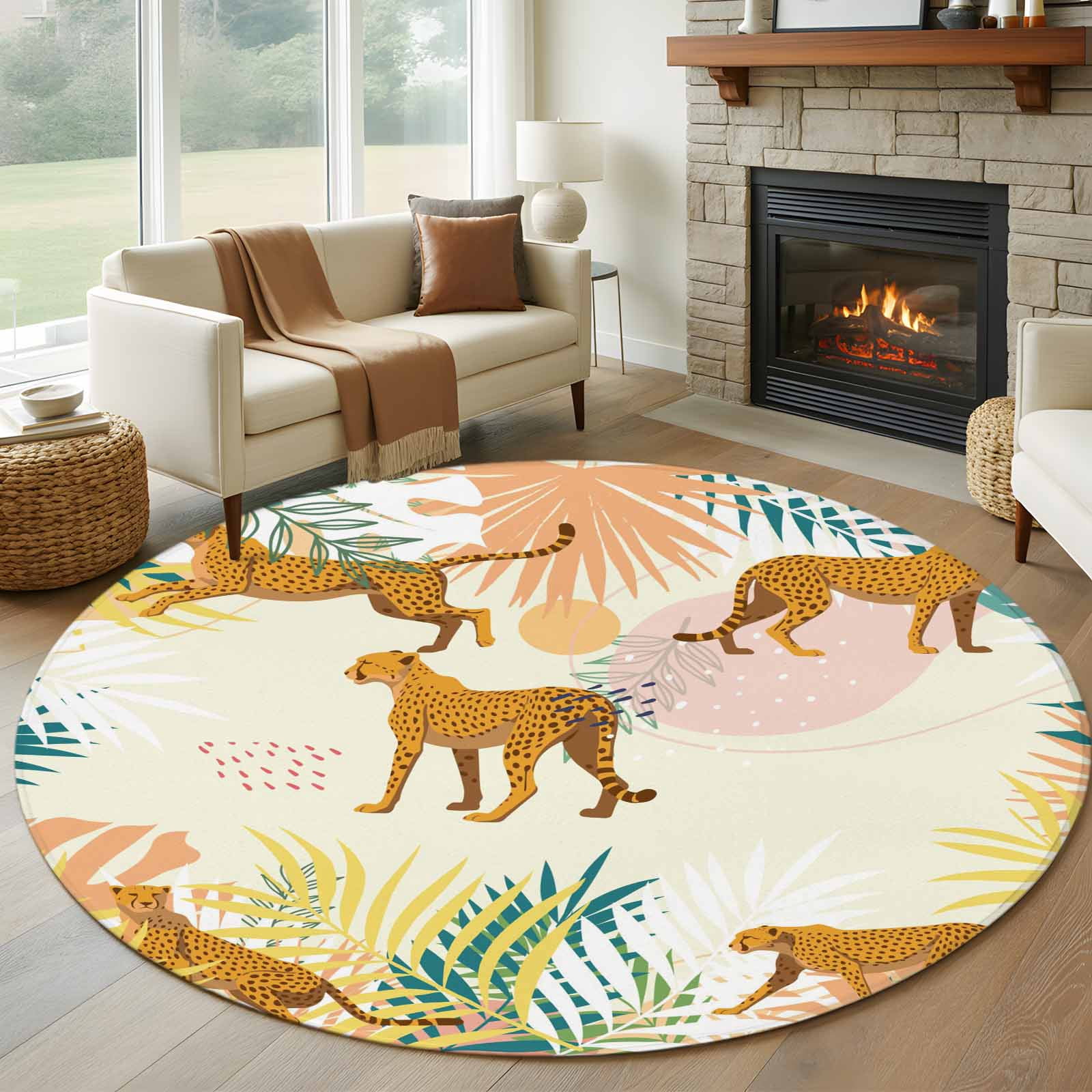 7ft Round Rug, Summer Wildlife Non-Skid Rubber Backing Large Area Rugs ...
