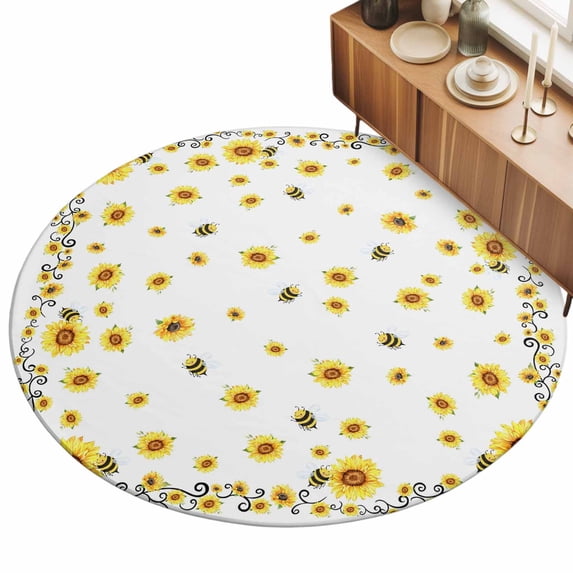 7ft Round Rug Sunflower Bees Area Rugs for Living Room Bedroom Washable ...