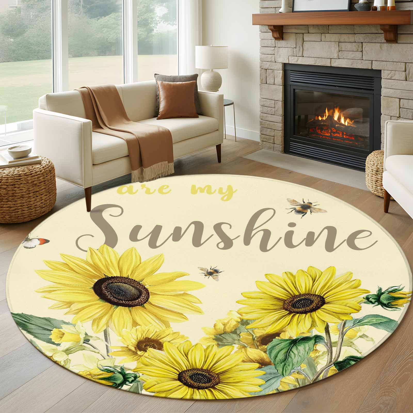 7ft Round Rug, Sunflowers Non-Skid Rubber Backing Large Area Rugs ...