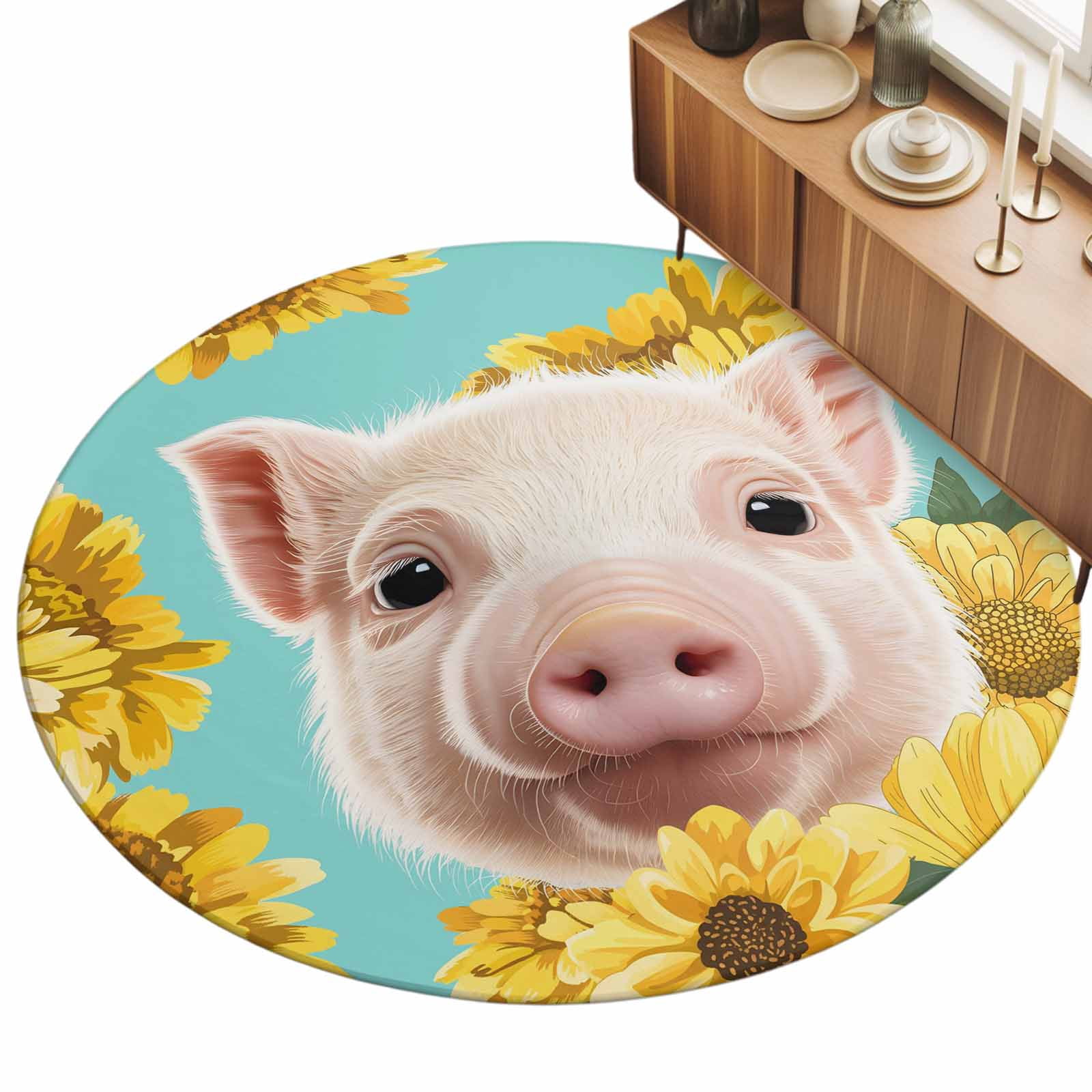 7ft Round Rug Sunflowers Pig Area Rugs for Living Room Bedroom Washable ...