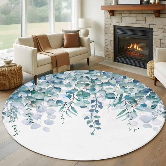 7ft Round Rug, Teal Blue Eucalyptus Leaves Non-Skid Rubber Backing ...