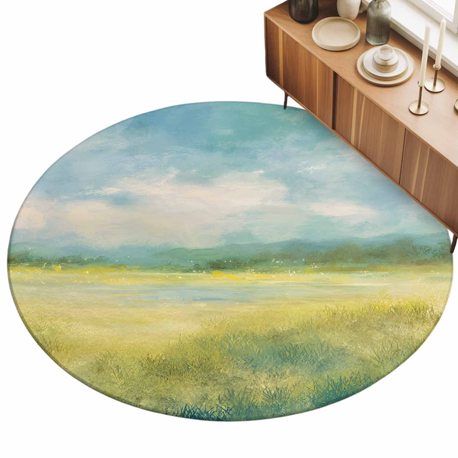 7ft Round Rug Teal Blue Oil Painting Area Rugs for Living Room Bedroom ...