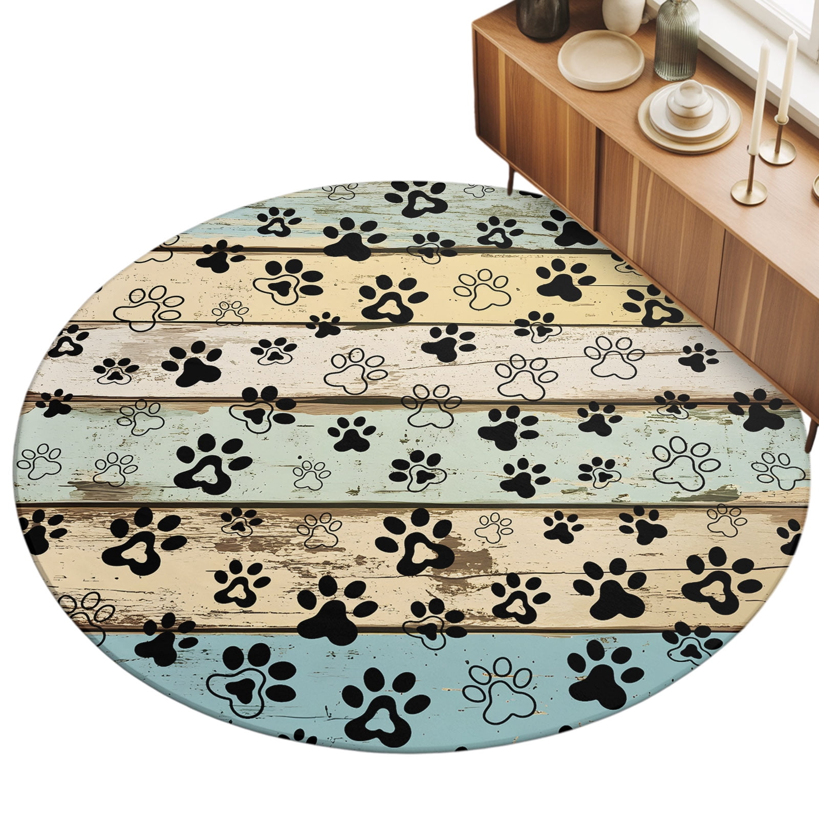 7ft Round Rug Teal Brown Paw Prints Area Rugs for Living Room Bedroom ...