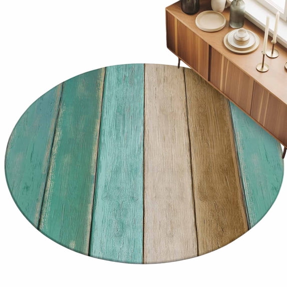 7ft Round Rug Teal Brown Wooden Area Rugs for Living Room Bedroom ...