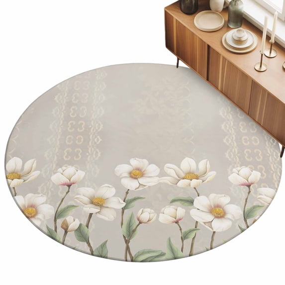 7ft Round Rug White Floral Area Rugs for Living Room Bedroom Washable ...