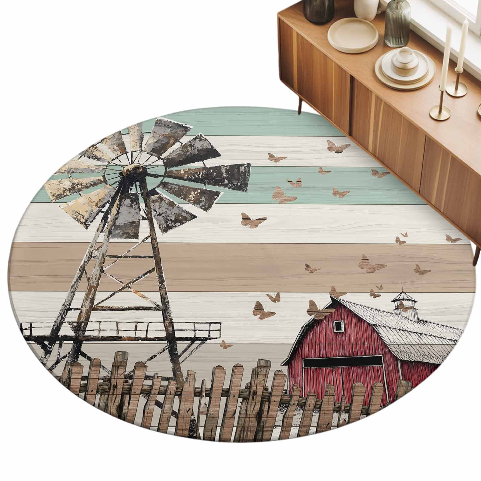 7ft Round Rug Windmill Farmhouse Area Rugs for Living Room Bedroom ...