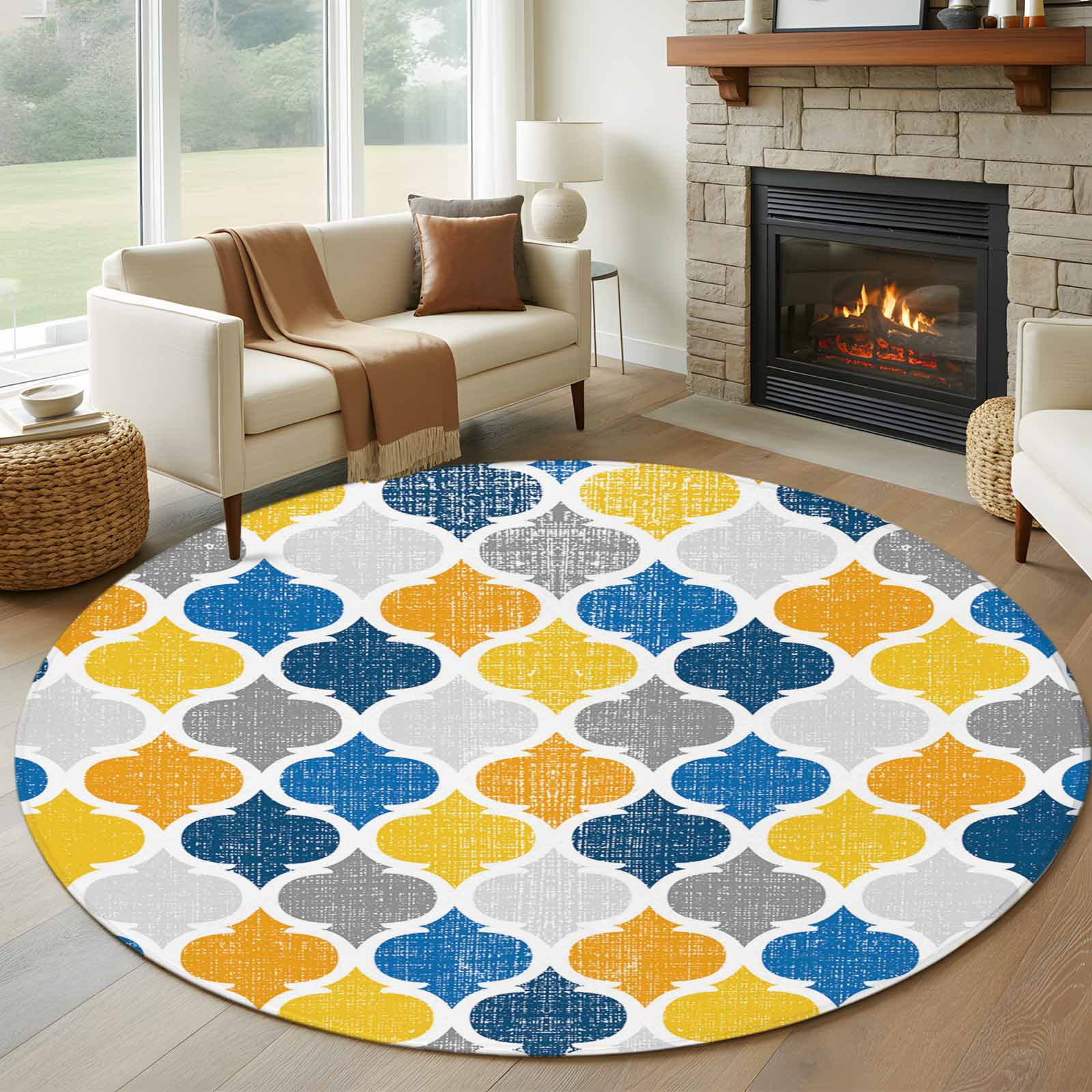 7ft Round Rug, Yellow Blue Morocco Pattern Non-Skid Rubber Backing ...