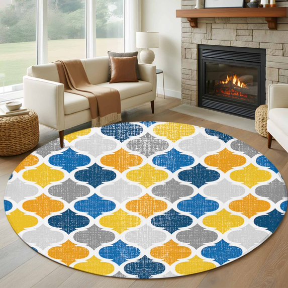7ft Round Rug, Yellow Blue Morocco Pattern Non-Skid Rubber Backing ...
