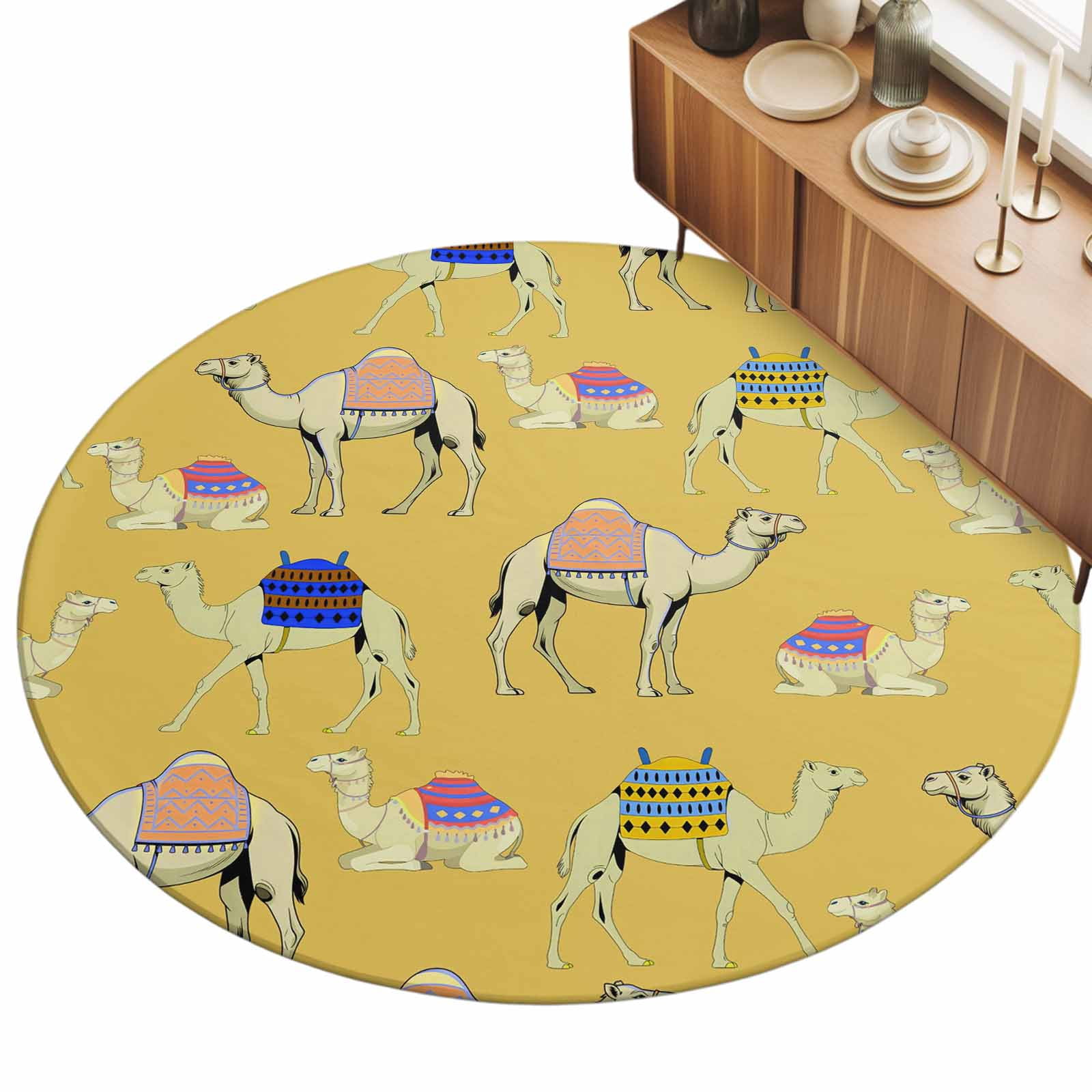7ft Round Rug Yellow Camels Area Rugs for Living Room Bedroom Washable ...