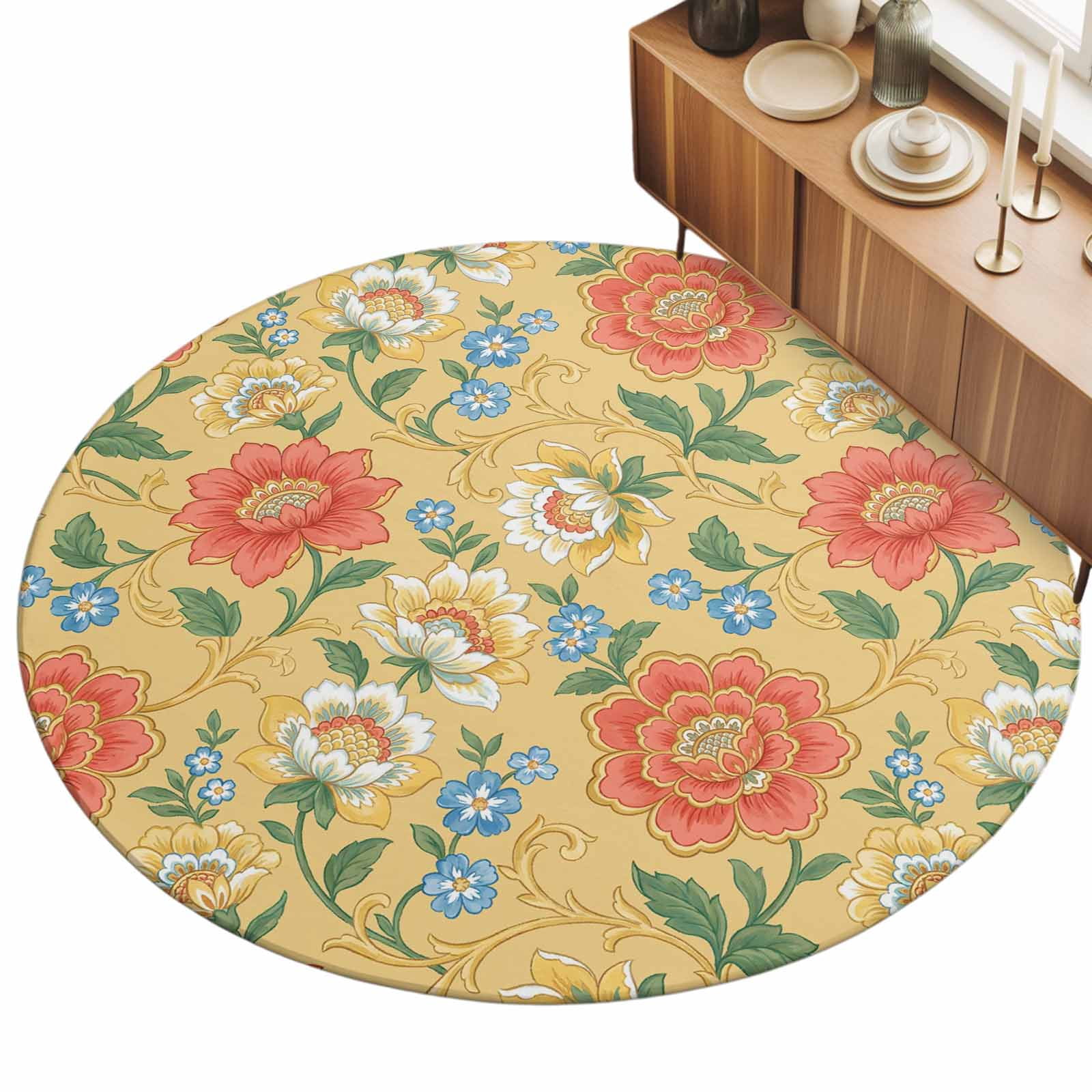 7ft Round Rug Yellow Flowers Area Rugs for Living Room Bedroom Washable ...
