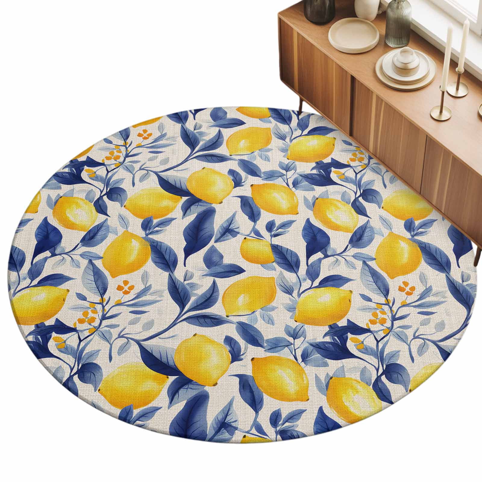 7ft Round Rug Yellow Lemon Area Rugs for Living Room Bedroom Washable ...