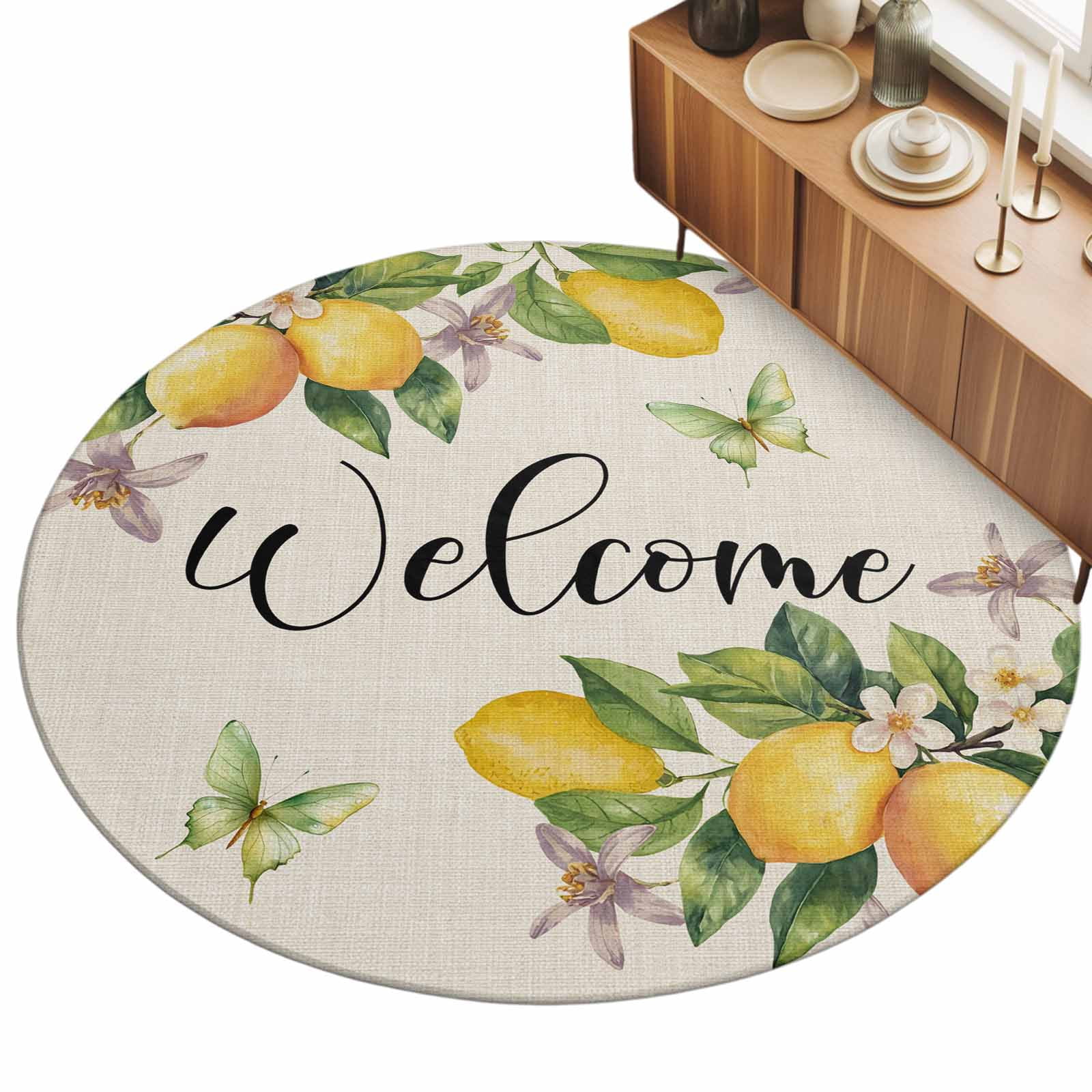 7ft Round Rug Yellow Lemon Area Rugs for Living Room Bedroom Washable ...