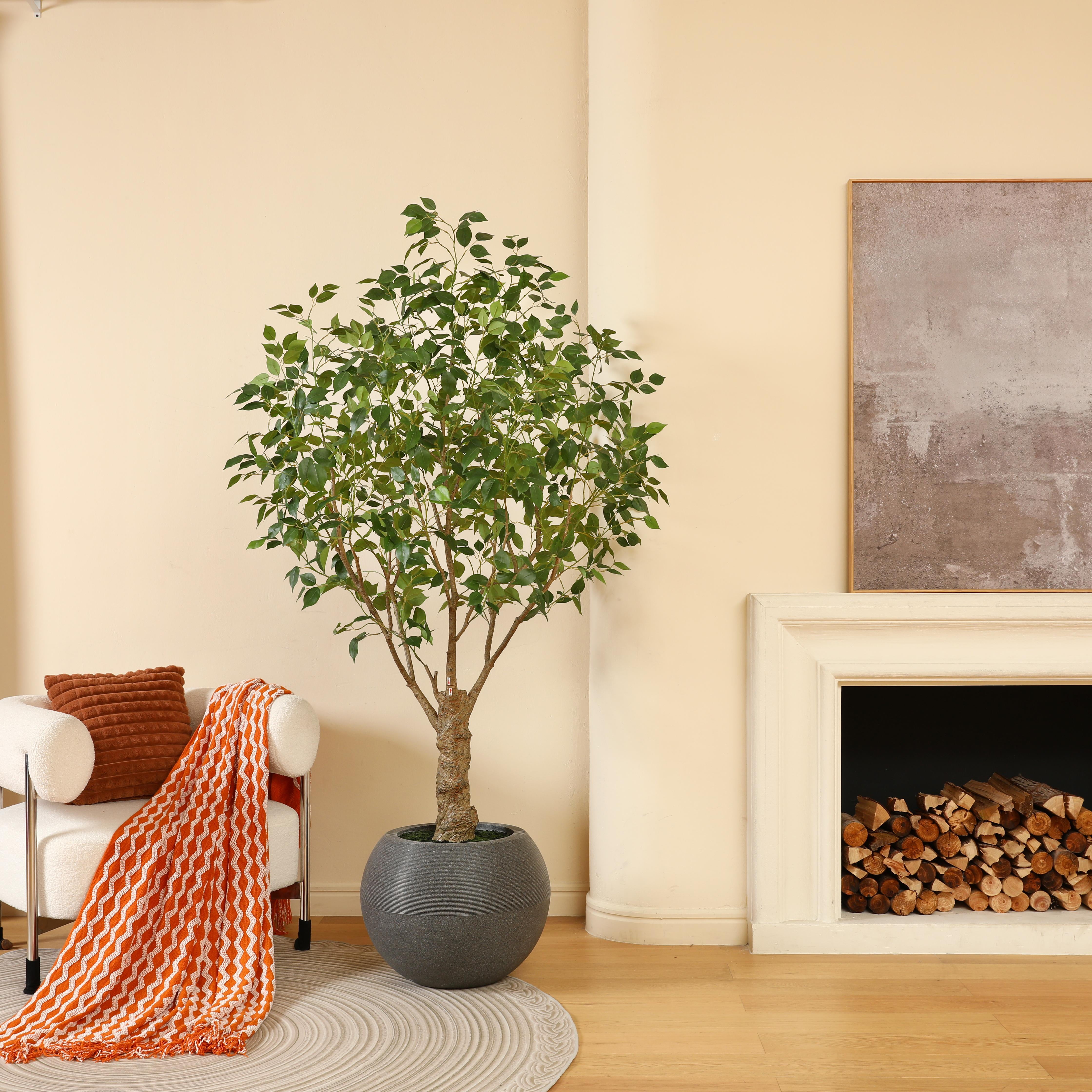 7ft Tall Artificial Mature Trunk Ficus Tree with Large Gray Round Basin ...
