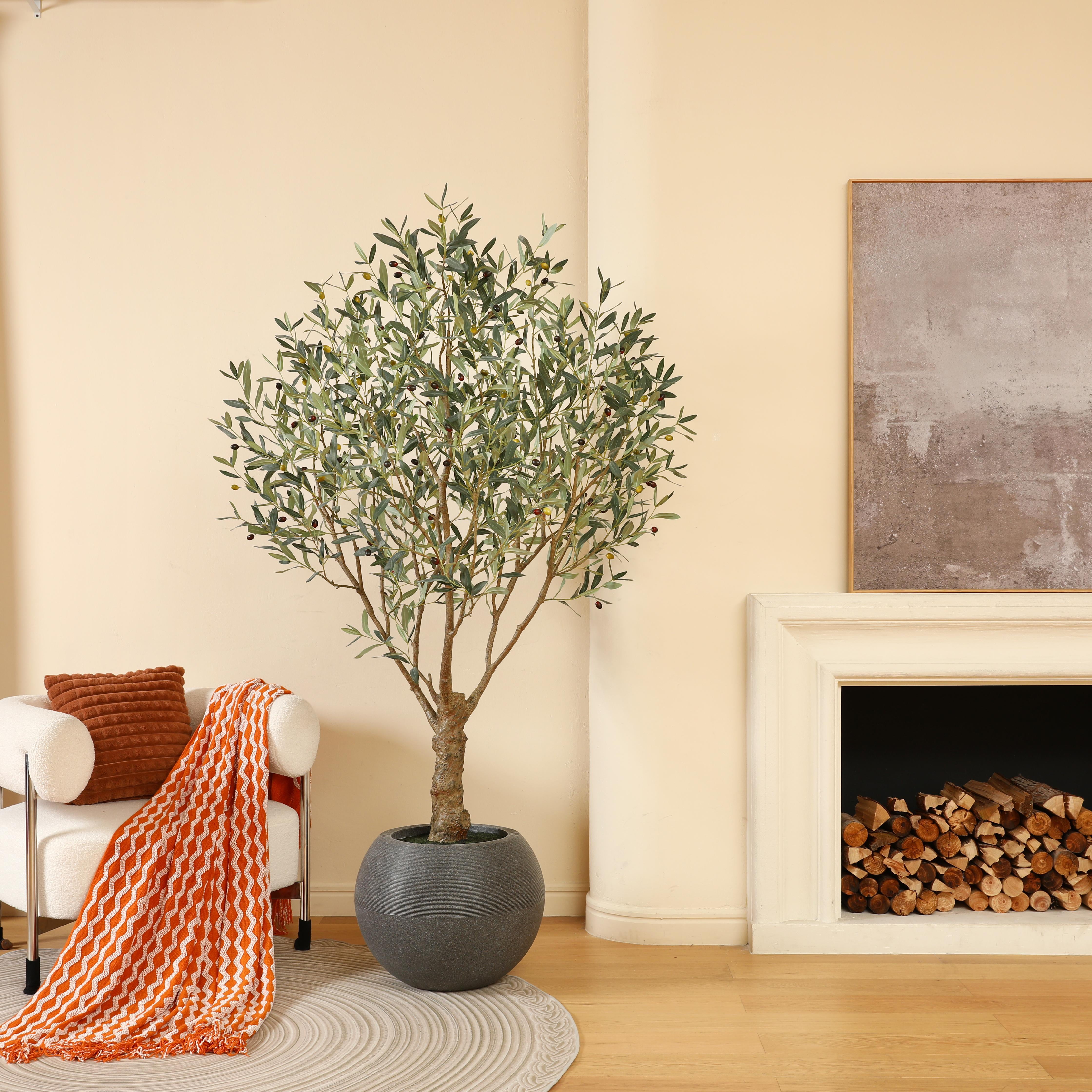 7ft Tall Artificial Mature Trunk Olive Tree with Large Gray Round Basin ...