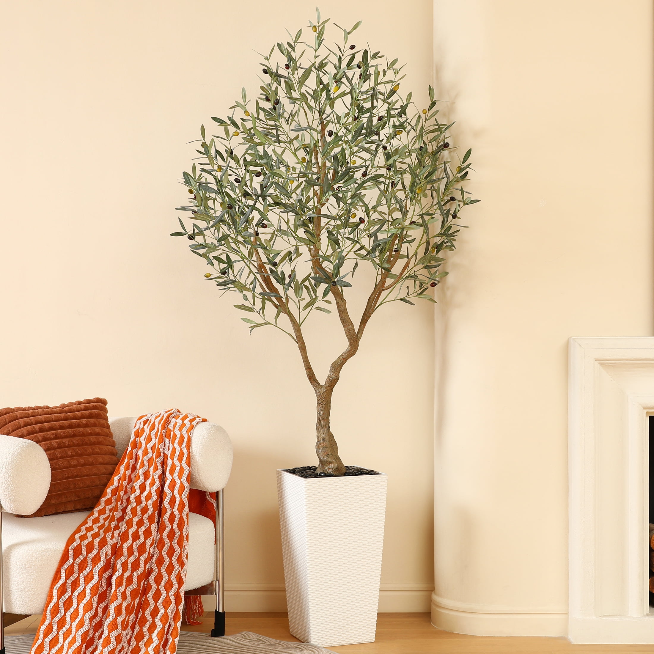 7ft UV Resistant Fake Olive Tree with White Tall Planter, Pre Potted ...