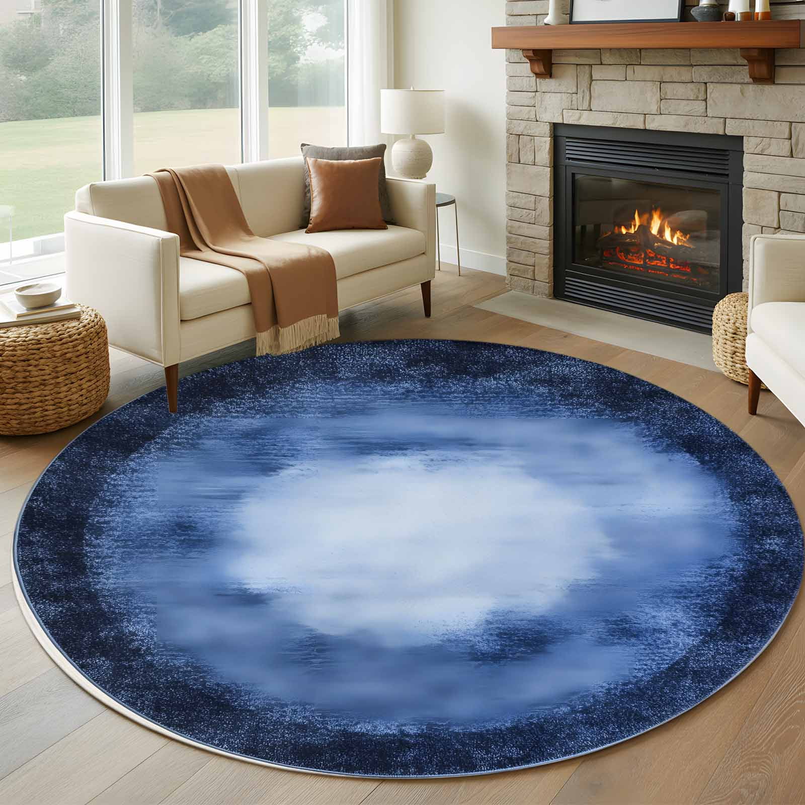 7ft Washable Round Rug, Abstract Blue Circle Non-Slip Circle Area Rug ...