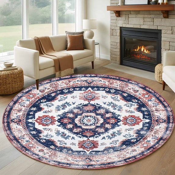 7ft Washable Round Rug, Boho Non-Slip Circle Area Rug for Living Room ...