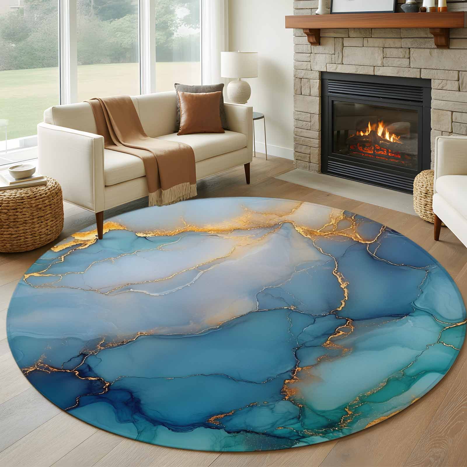 7ft Washable Round Rug, Marble Texture Non-Slip Circle Area Rug for ...