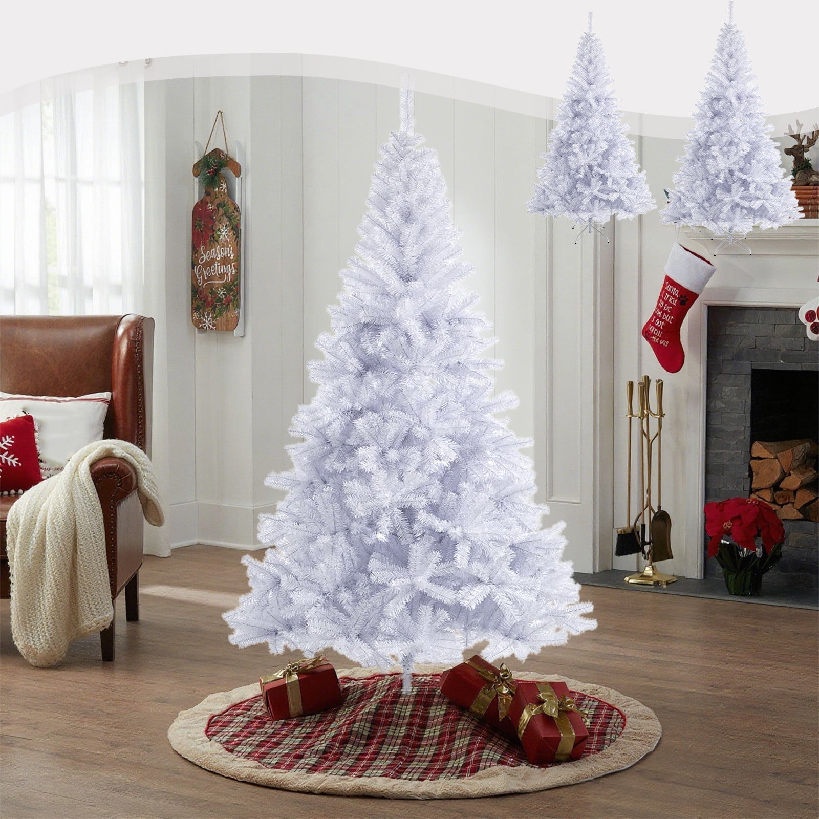 7ft White Artificial Christmas Tree | Unlit Hinged Spruce with 1000 ...
