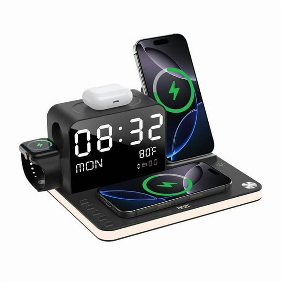7in1 Wireless Charging Station with LED Night Light, Bluetooth Time ...