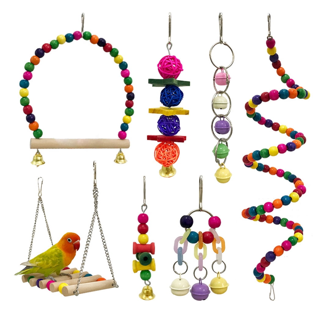 7lots Natural Wood Bird Perches Toy Colorful Beads Climbing Ladder And ...