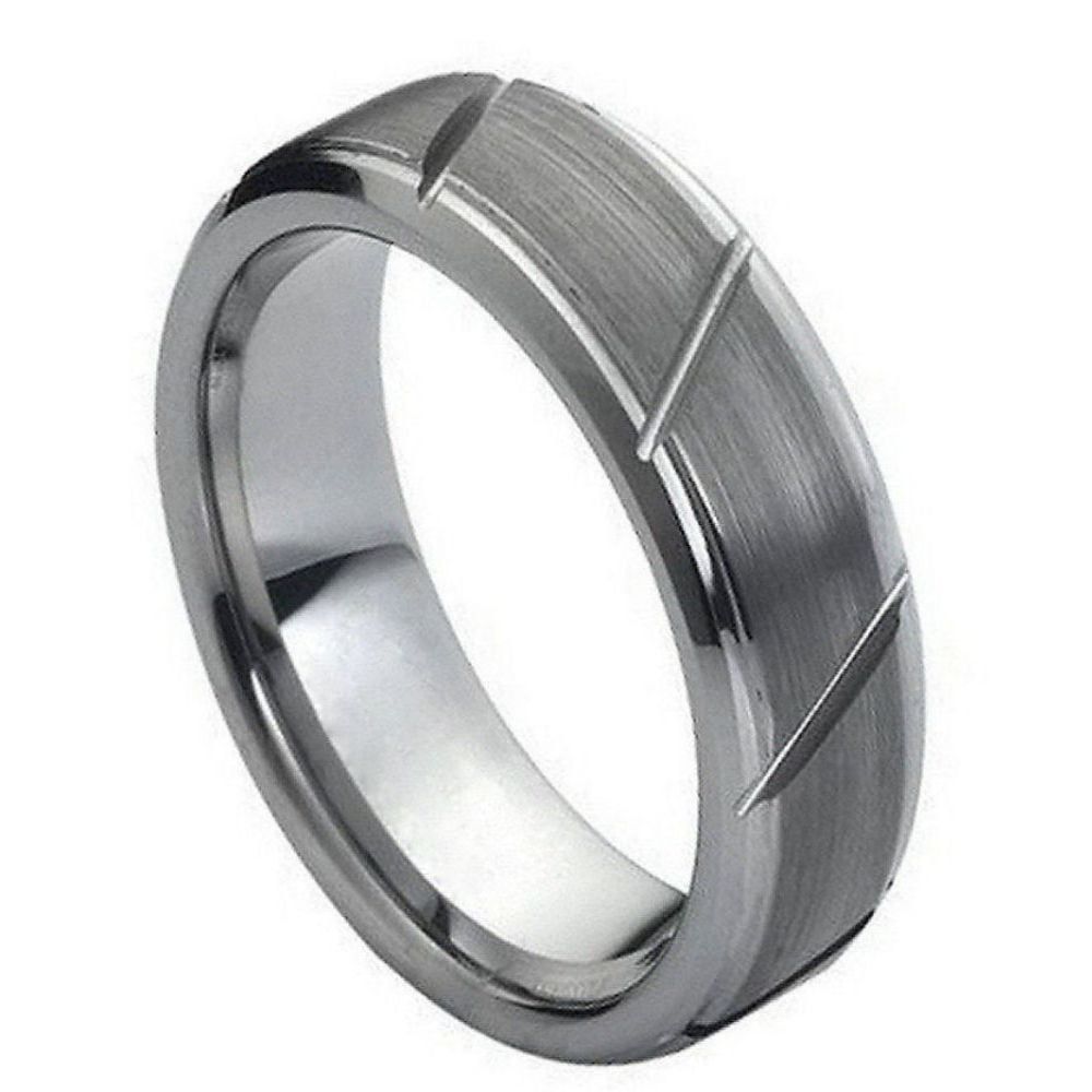 7mm Multiple Diagonal Grooves Brushed Center Beveled Edge Wedding Band ...