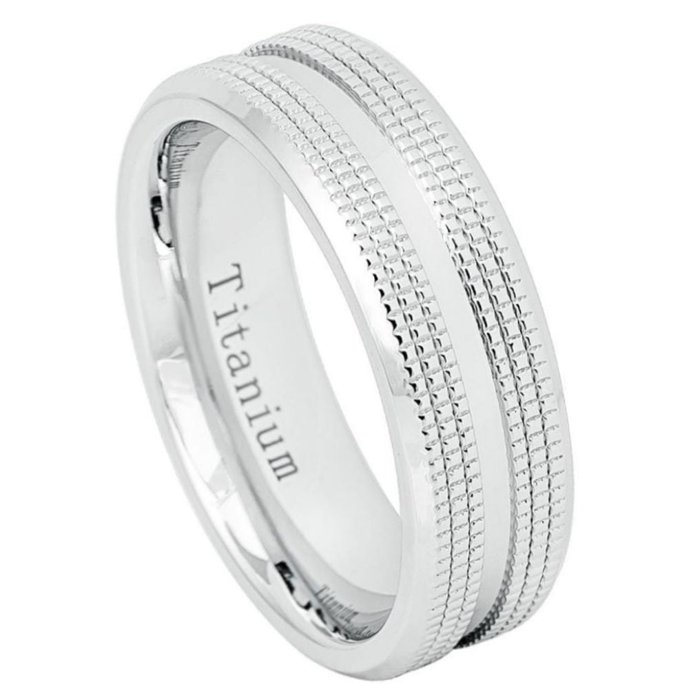 7mm Titanium Band White IP Plated Shiny Center Double Sided Milgrain ...