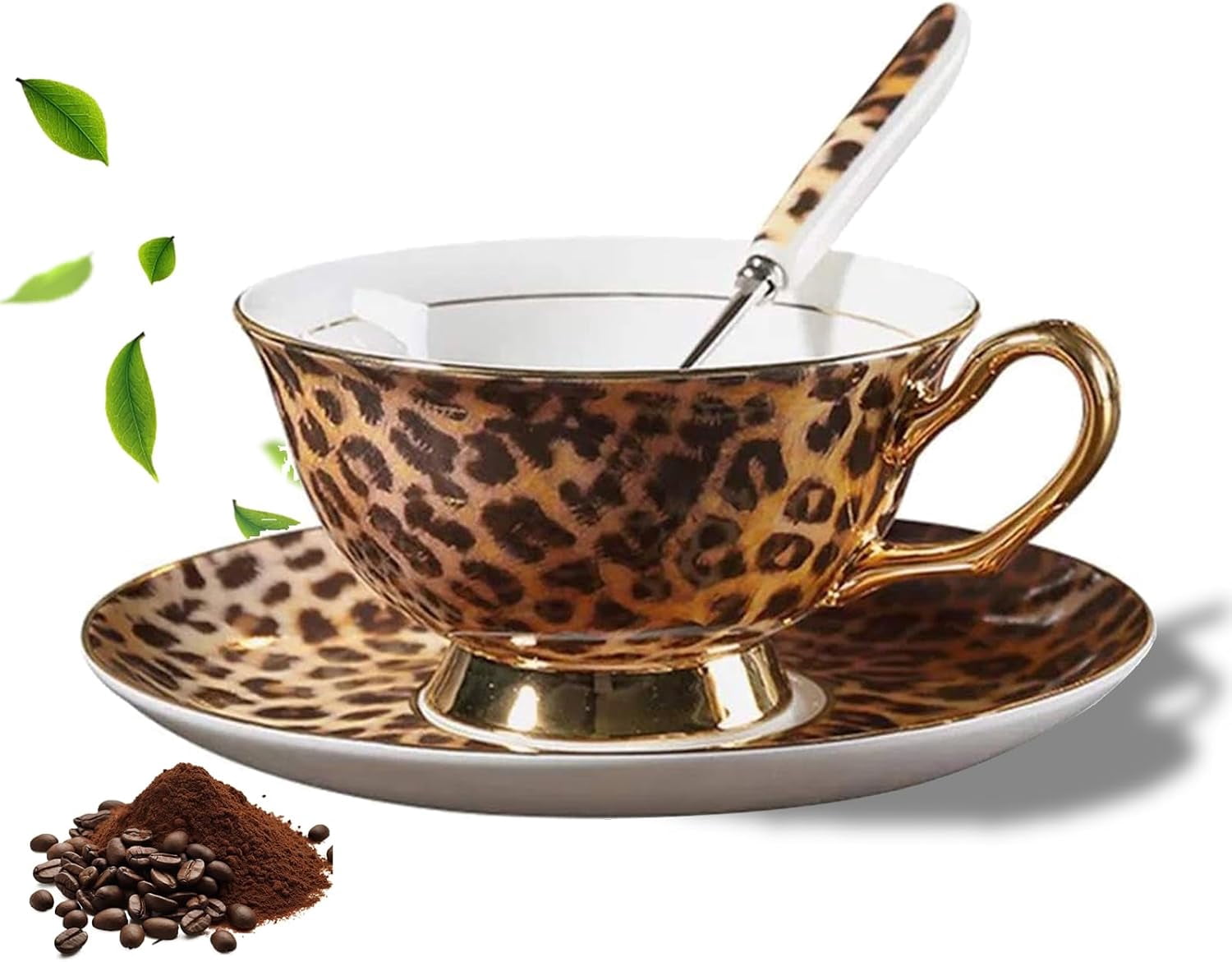 7oz/200ml Leopard Tea Cup and Saucer Set with Gold Rim, Fine Bone China ...