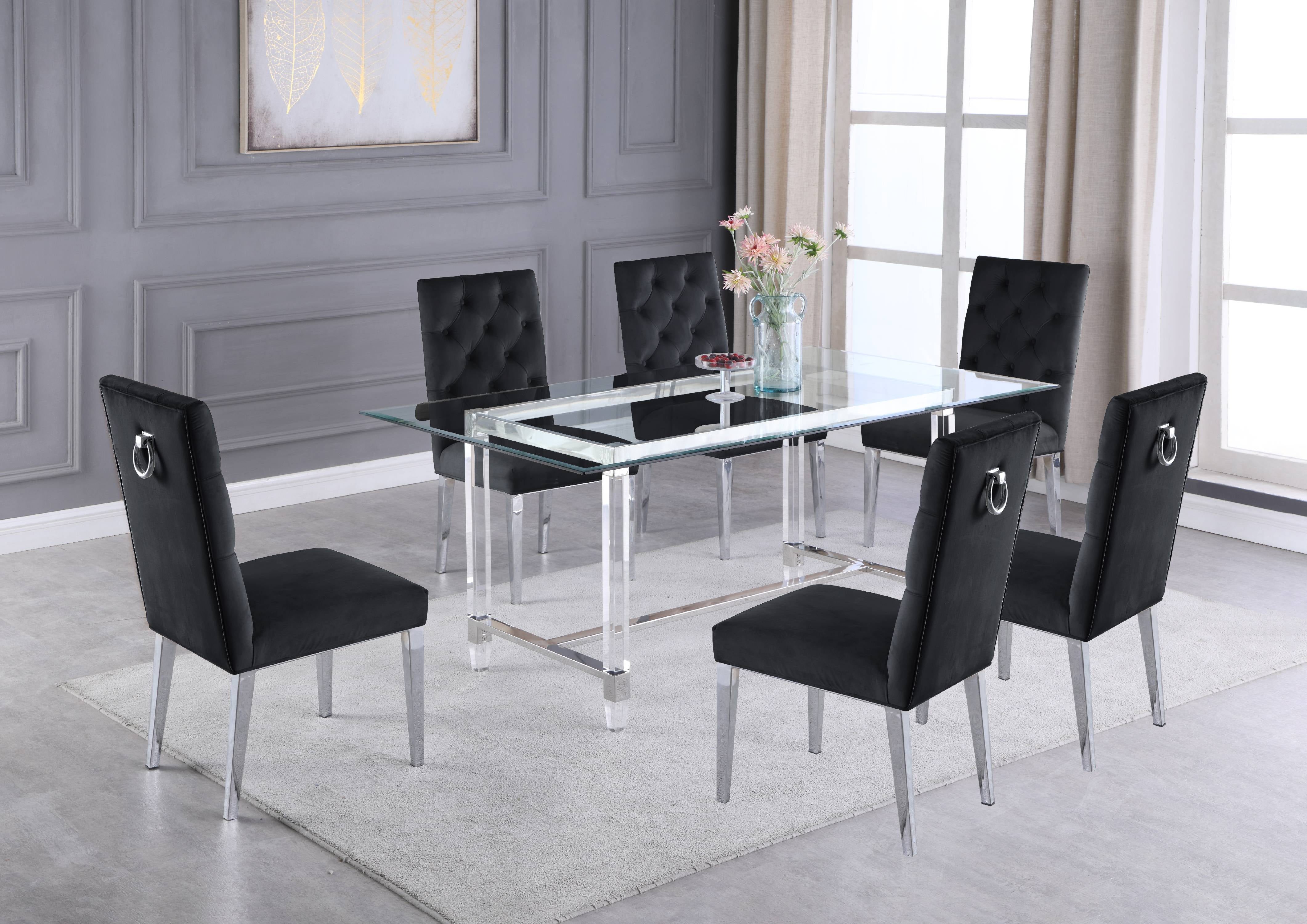 7pc. 68" x 40" Glass Dining Set with 6 Chairs and Silver Stainless ...