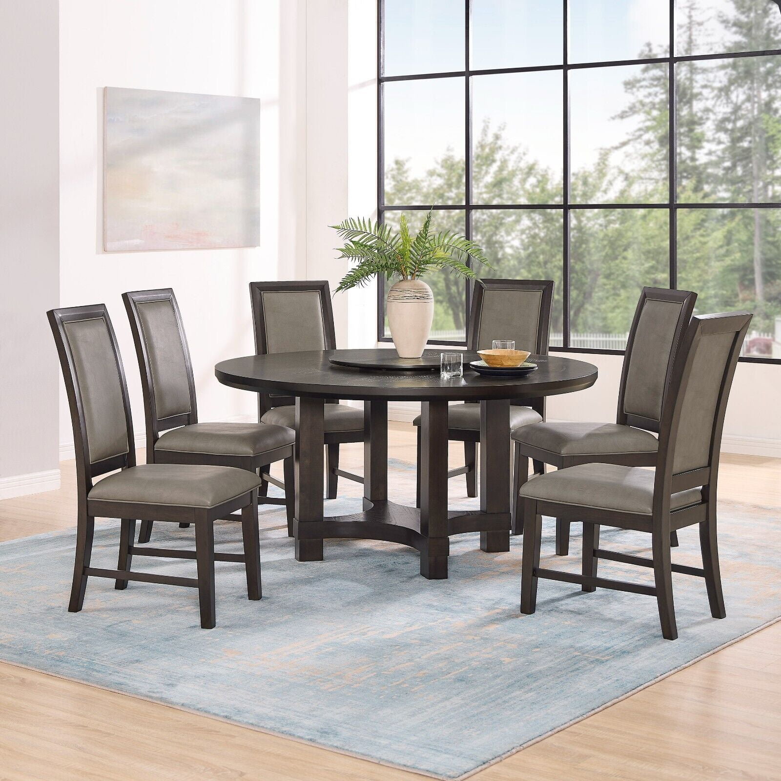 7pc Beautiful Dining Set Round Lazy Susan able Faux Leather Upholstery ...