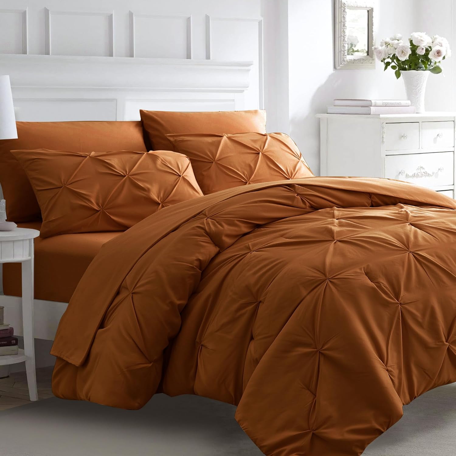 7pc Burnt Orange Queen Comforter Set, Rust 7 Piece Pintuck Bed in a Bag ...