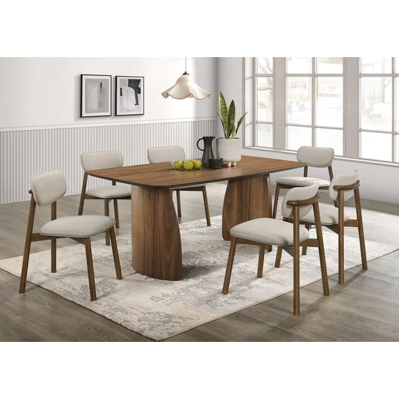 7pc Dining Table Set Walnut And Beige Finish Dual Table Configuration ...