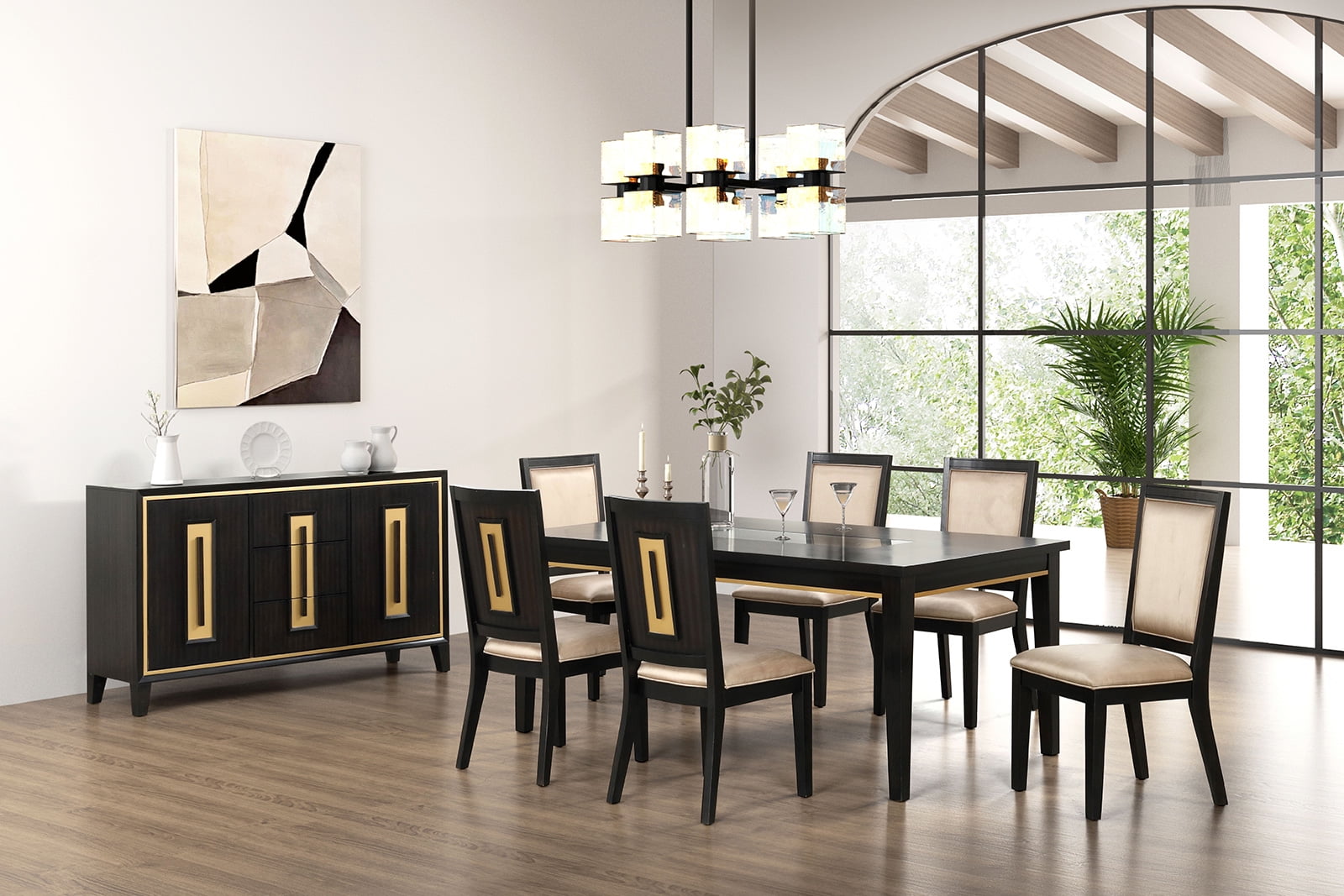 7pc Espresso Dining Set - 72" Rectangular Table w/ Glass Top & 6 Chairs ...