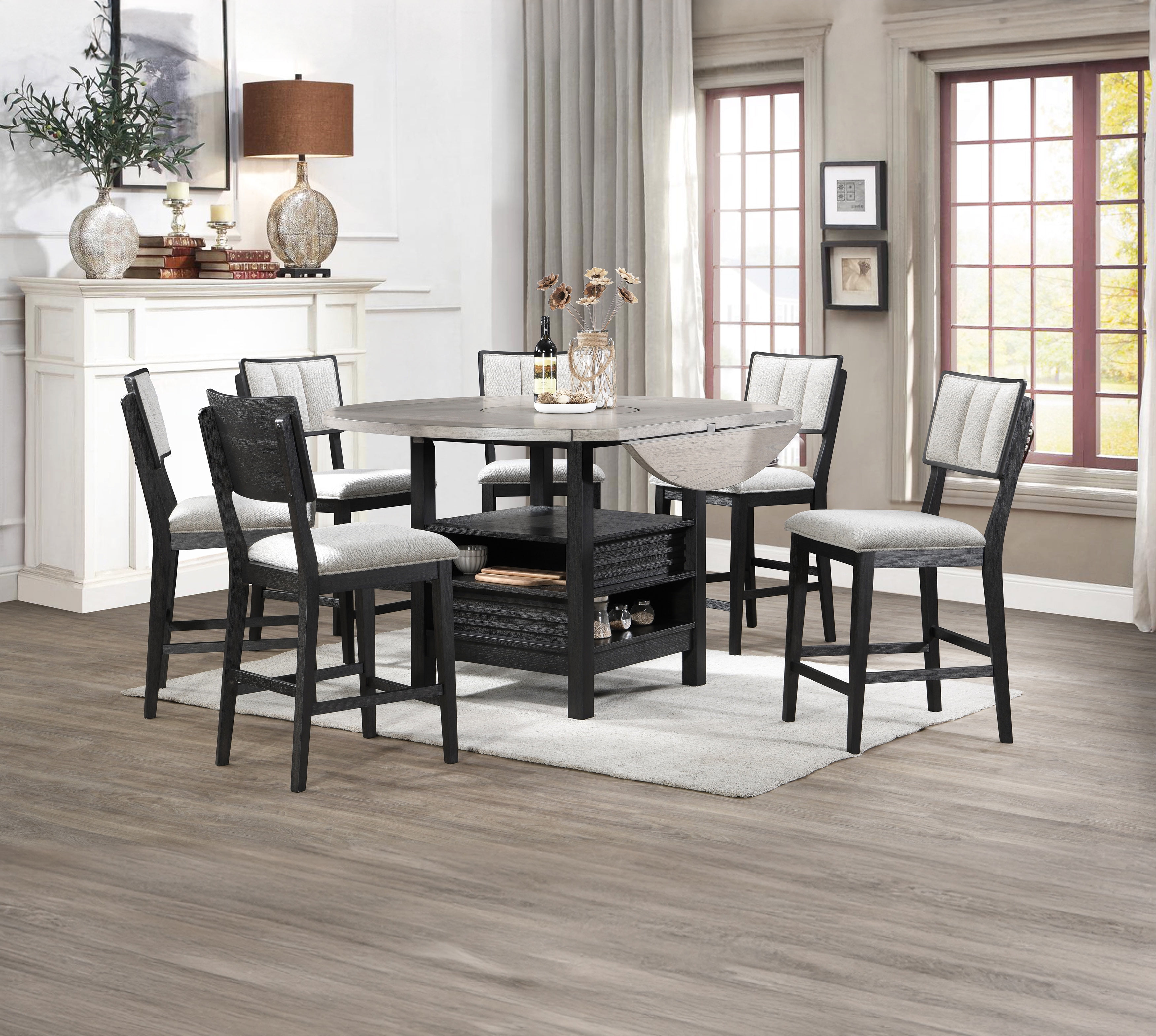7pc Farmhouse Contemporary Counter Height Dining Set Storage Table ...