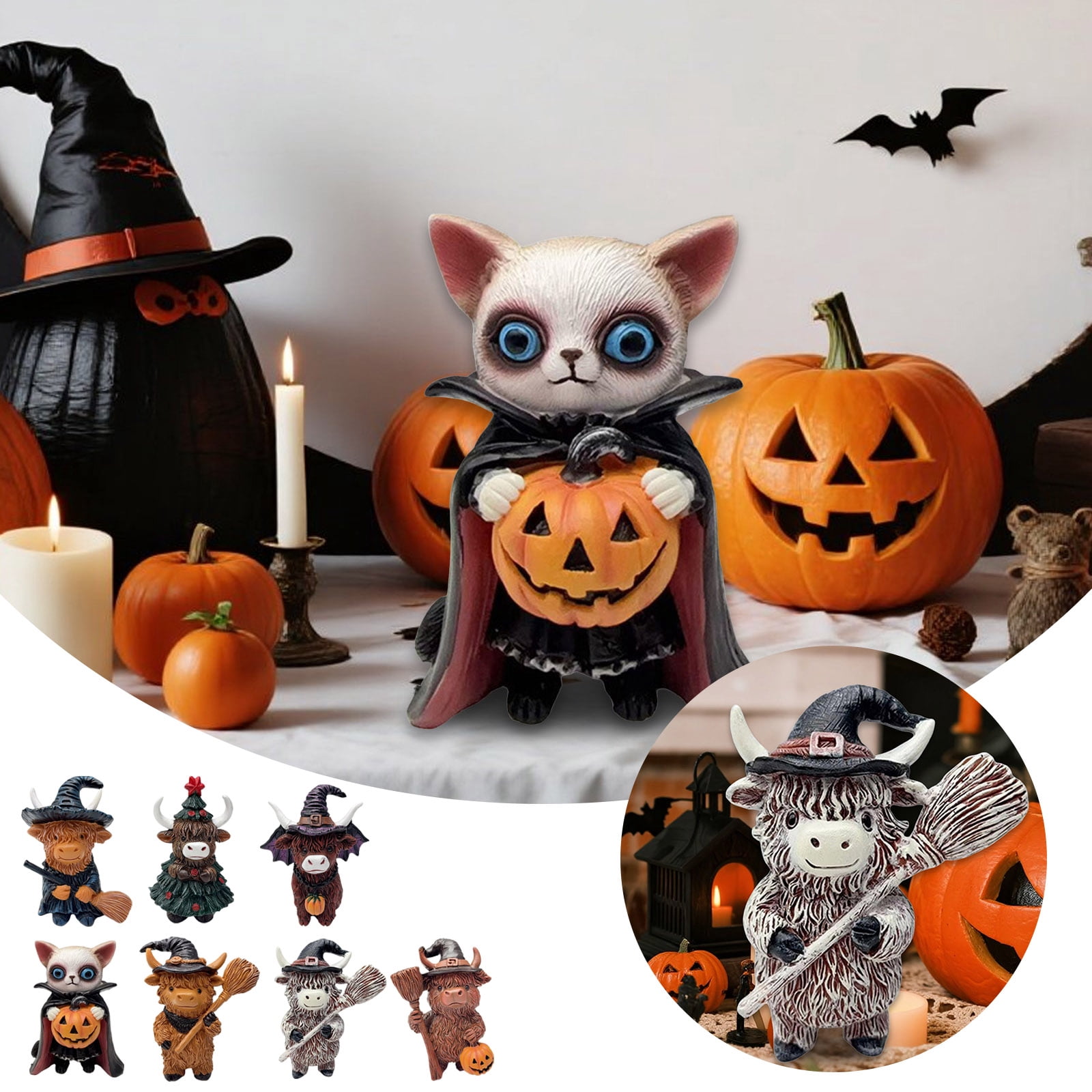 7pc Highland Cow Figurines Halloween Pumpkin Skull Spider Highland Cow ...