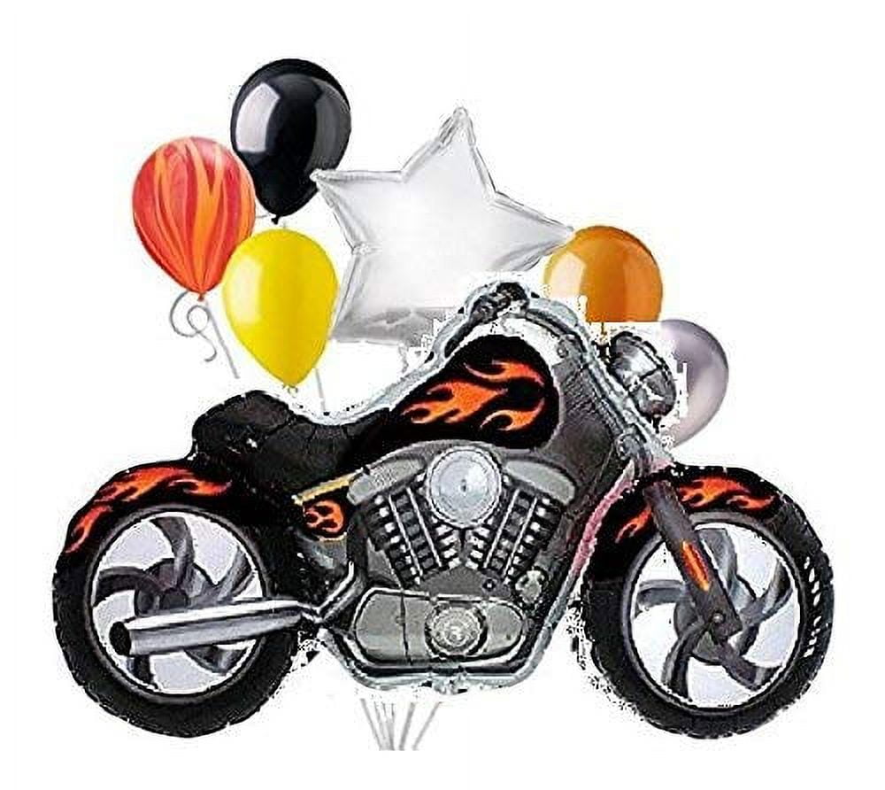 7pc Pieces BLACK Motorcycle with Orange-Yellow Flames Mylar and Latex ...