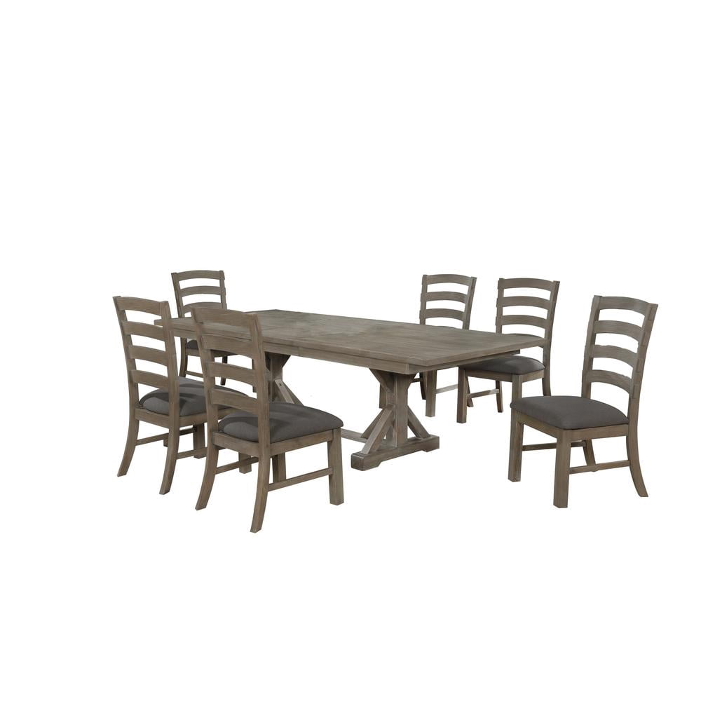 7pc Rustic Gray Brown Wood Dining Set with 6 Gray Linen Chairs ...