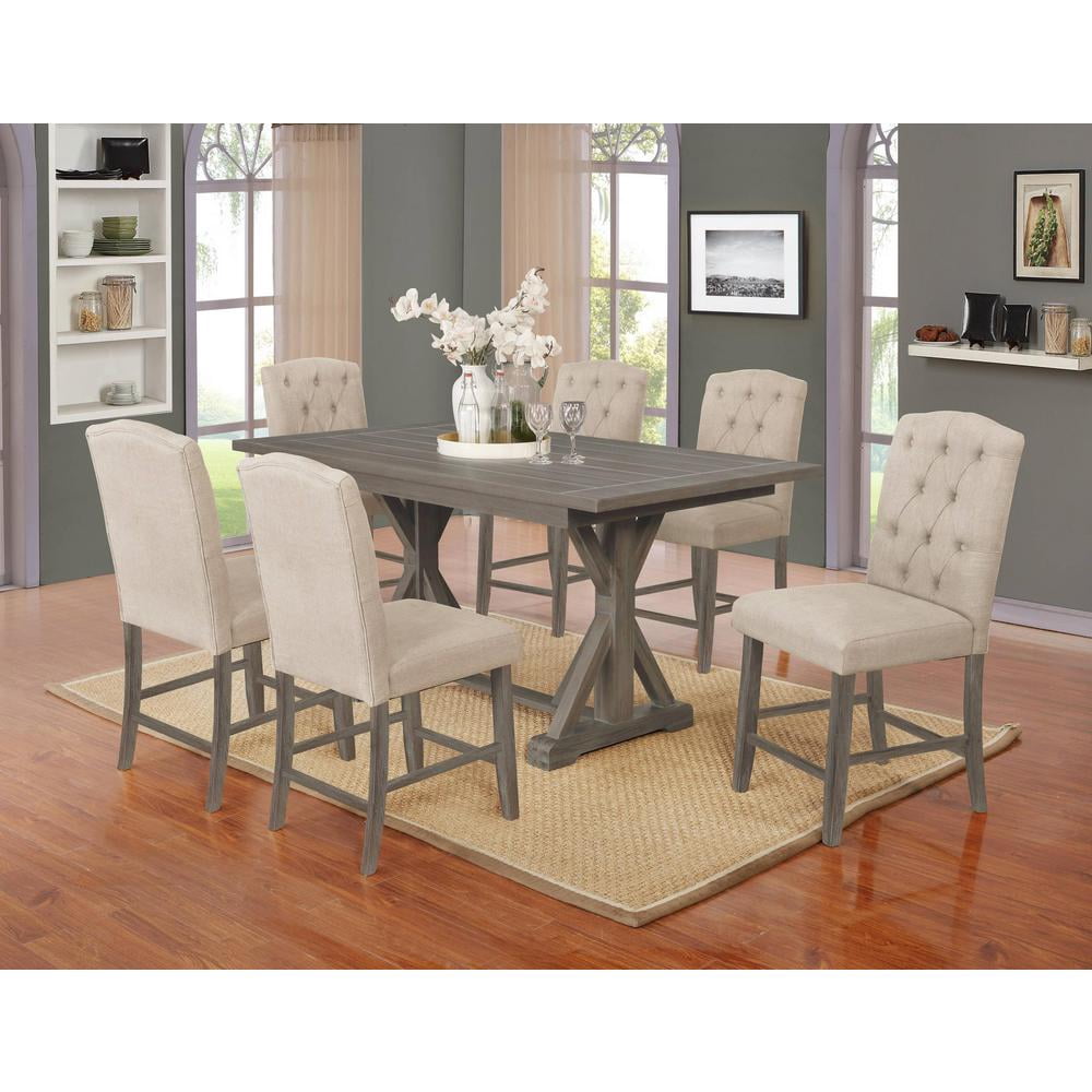 7pc Rustic Wood Counterheight Dining Set with Table and Beige Linen ...